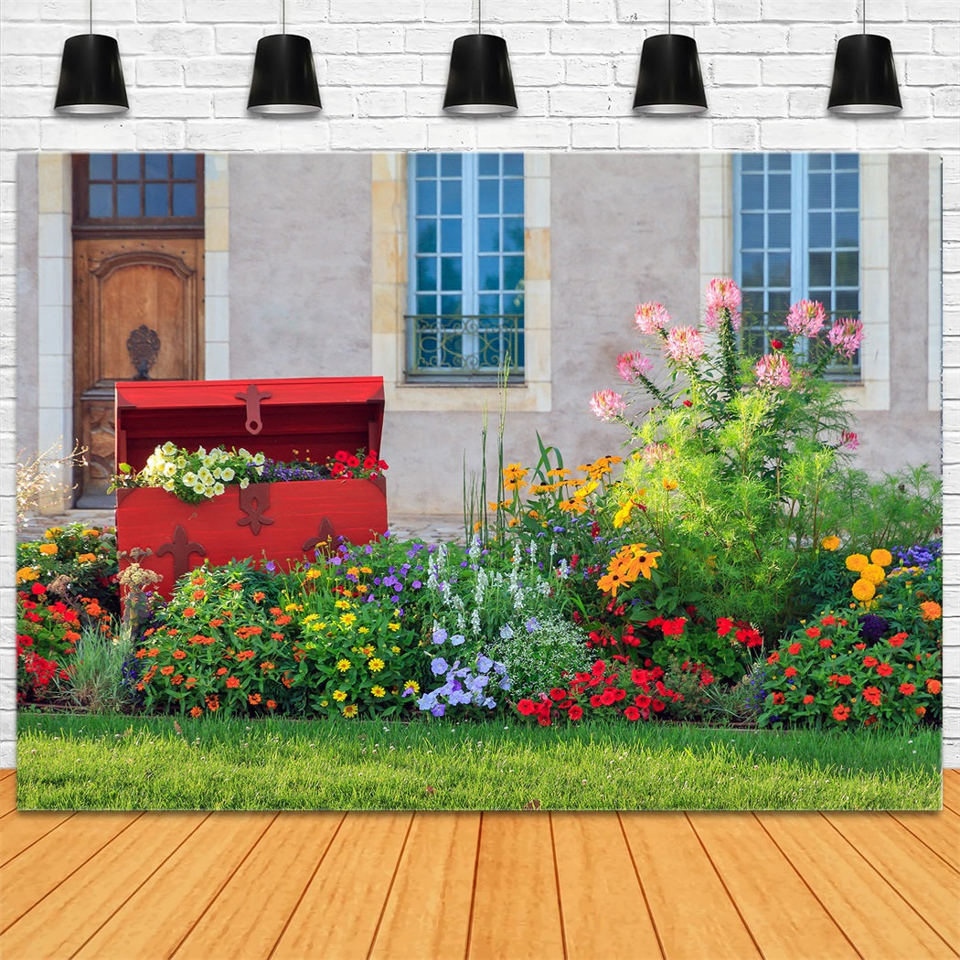 Spring Townhouse Garden Flowers Lawn Redwood Chest Backdrop RR3-17 ...