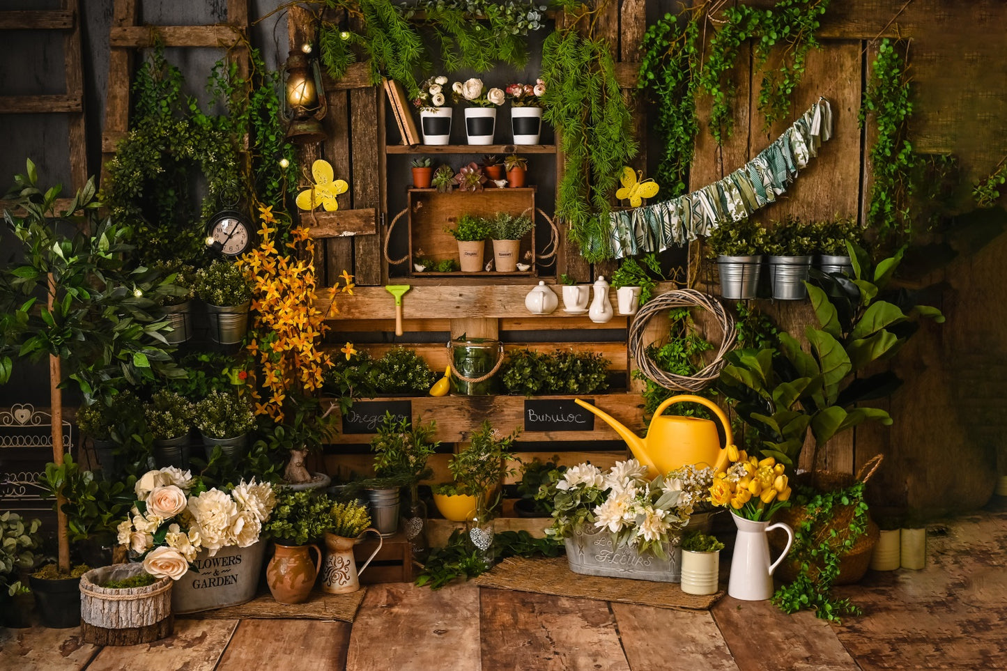 Spring Wooden Panel Greenery Potted Plant Gardening Style Backdrop RR3 ...