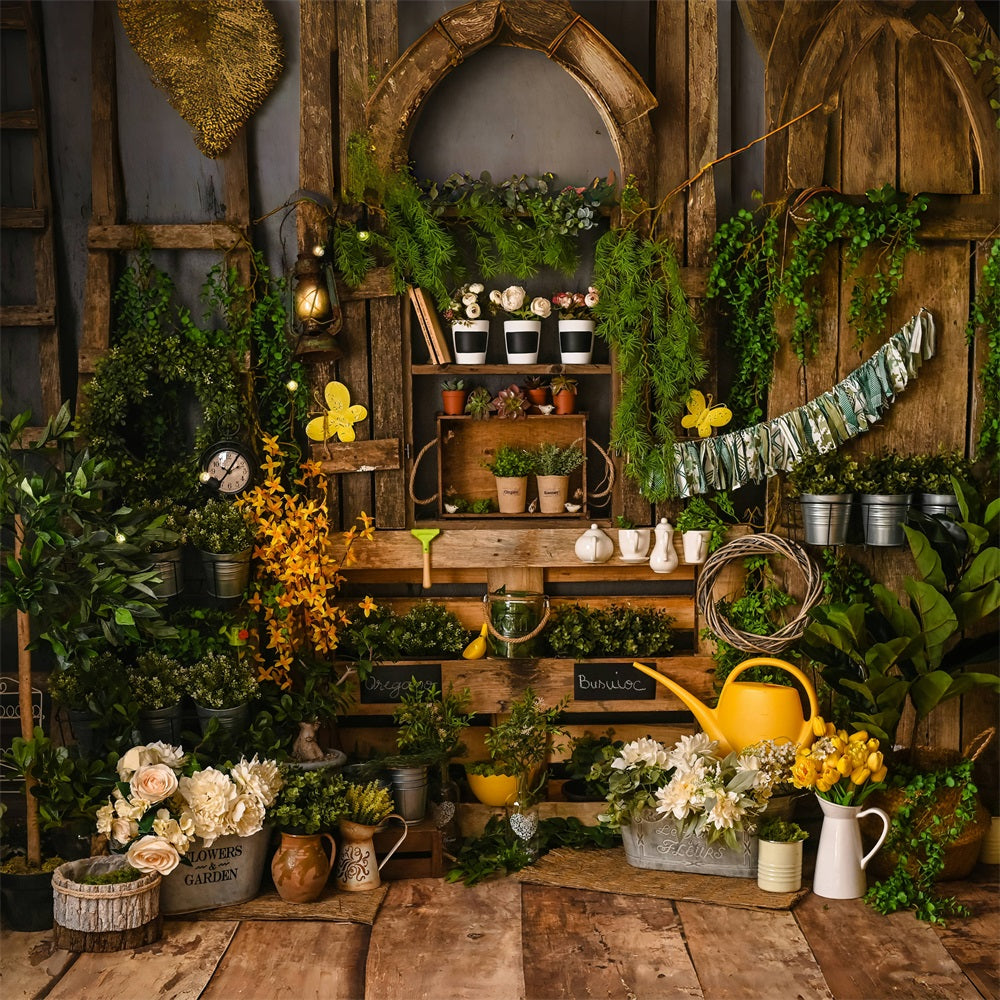 Spring Wooden Panel Greenery Potted Plant Gardening Style Backdrop RR3 ...