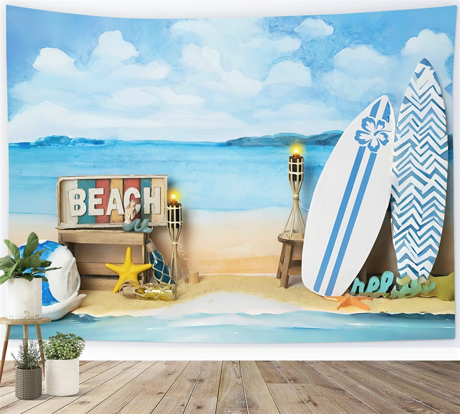 Summer Sea Beach Blue Sky White Clouds Surfing Theme Backdrop RR3-29 ...