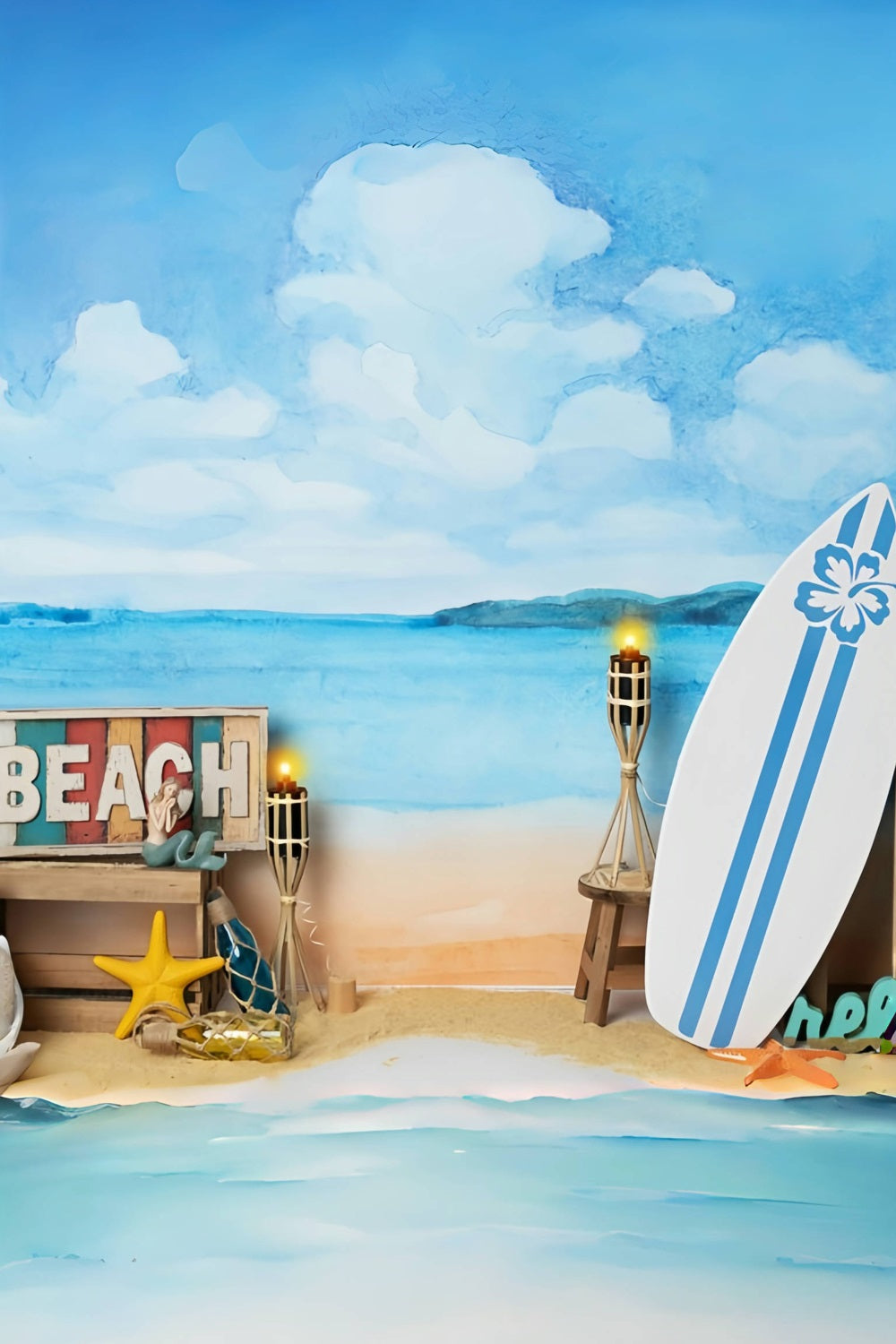 Summer Sea Beach Blue Sky White Clouds Surfing Theme Backdrop RR3-29 ...