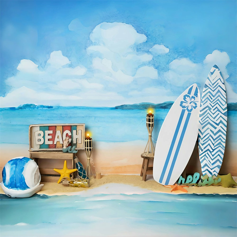 Summer Sea Beach Blue Sky White Clouds Surfing Theme Backdrop RR3-29 ...