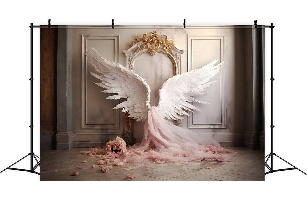 DBackdrop Vintage Wall Pink Elegant Angel Wings Tulle Rose Backdrop RR