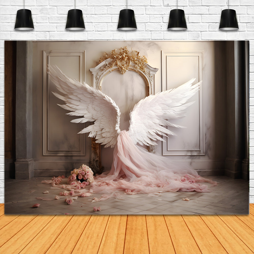DBackdrop Vintage Wall Pink Elegant Angel Wings Tulle Rose Backdrop RR