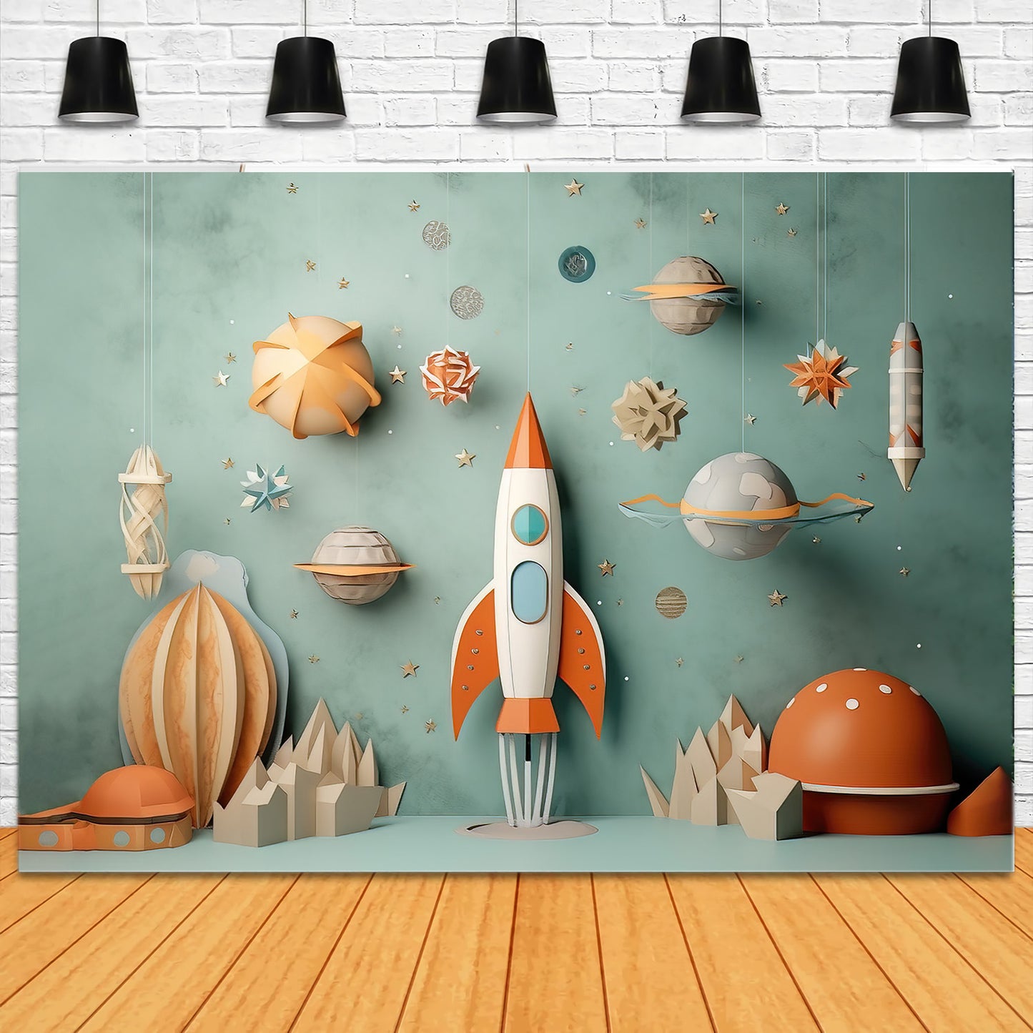 Warm Childish Paper Cutout Rocket Cosmic Planet Backdrop RR5-11 – Dbackdrop