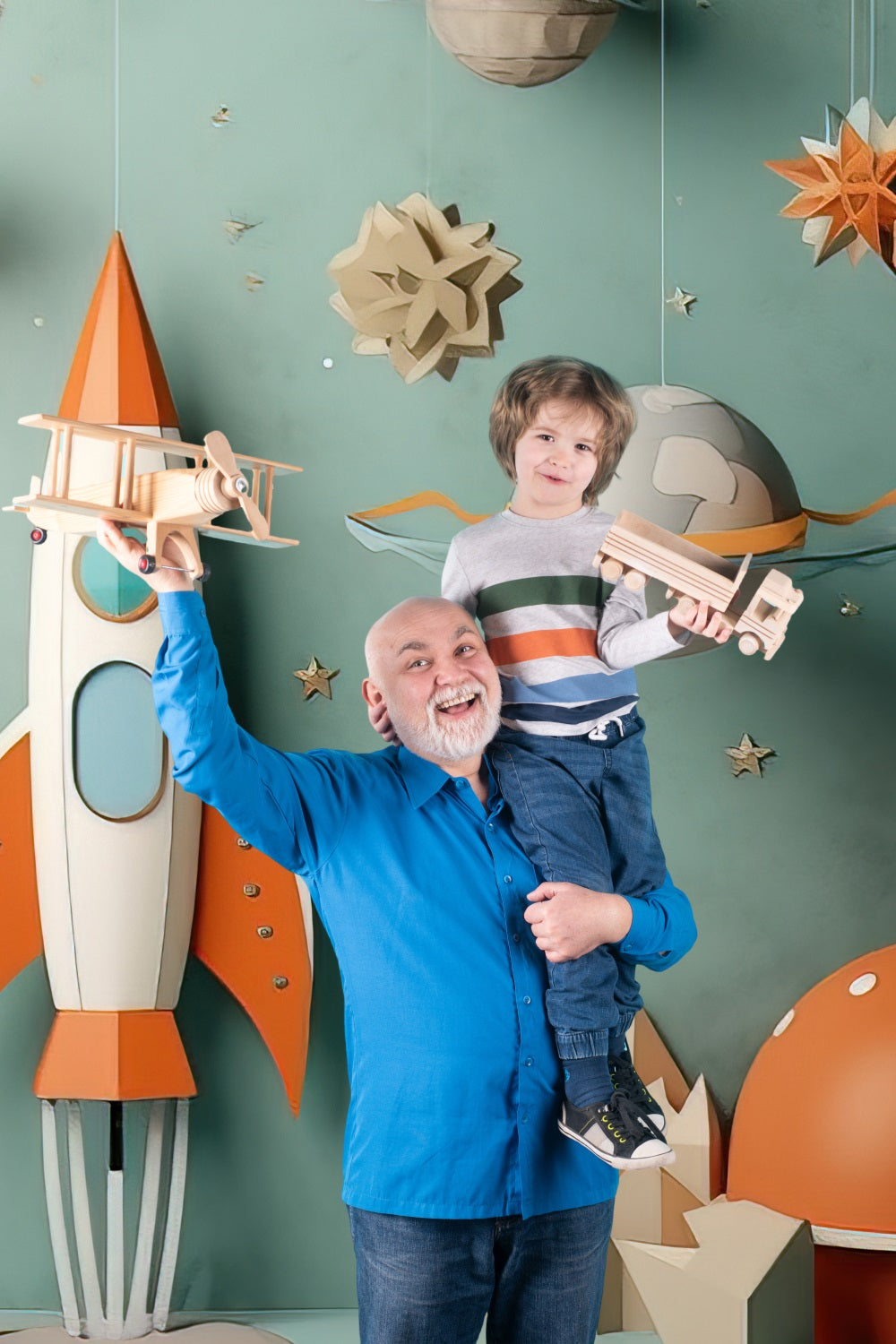 Warm Childish Paper Cutout Rocket Cosmic Planet Backdrop RR5-11 – Dbackdrop