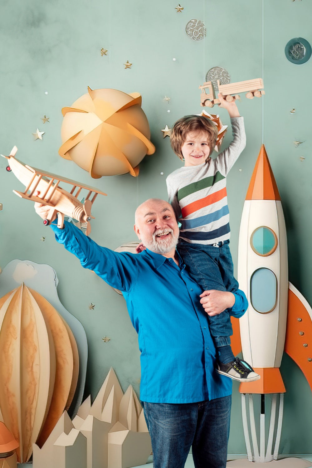 Warm Childish Paper Cutout Rocket Cosmic Planet Backdrop RR5-11 – Dbackdrop