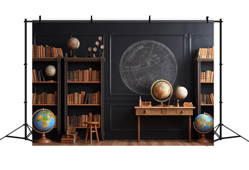 Back to School Bookshelf Globes Classroom Backdrop RR6-44