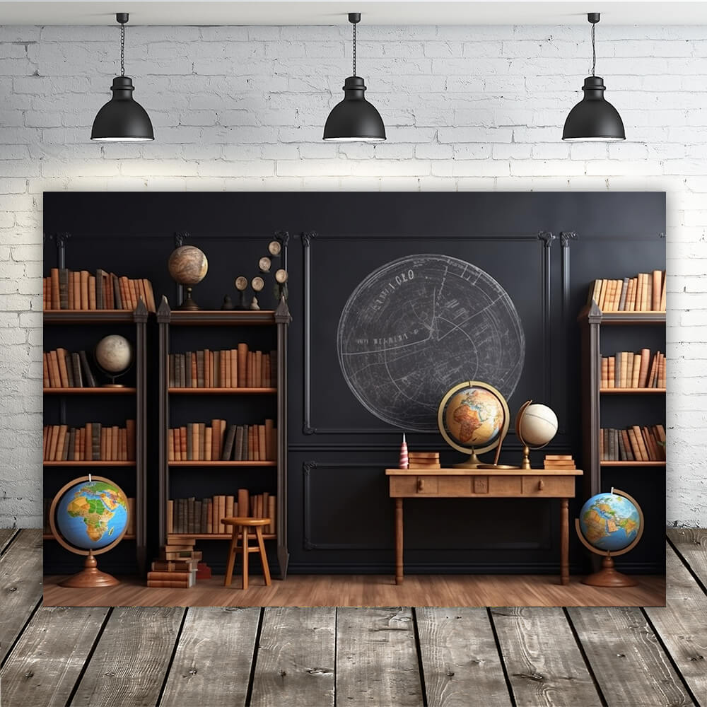 Back to School Bookshelf Globes Classroom Backdrop RR6-44 – Dbackdrop