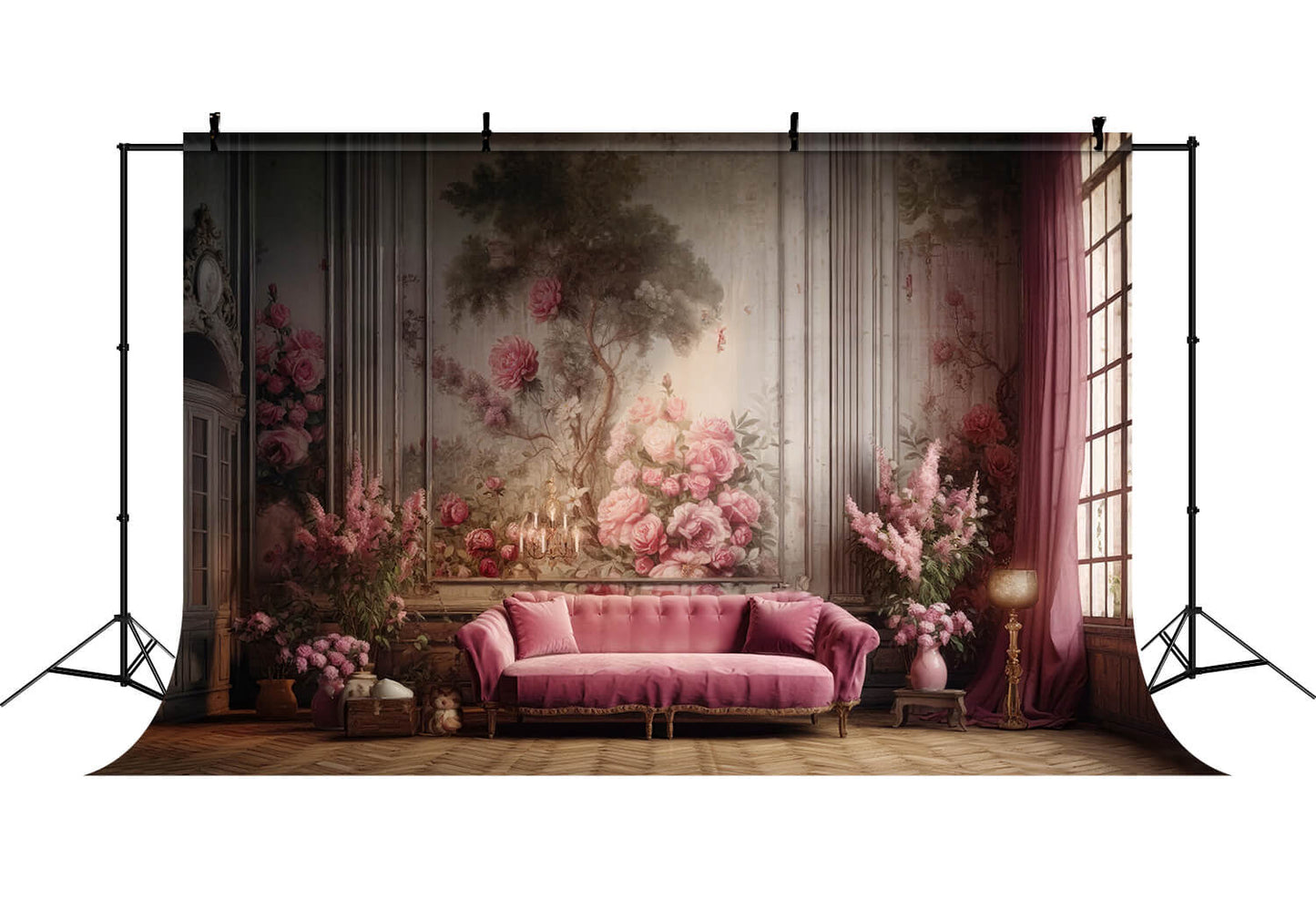 Pink Sofa Floral Retro Wall Living Room Backdrop RR6-62 – Dbackdrop