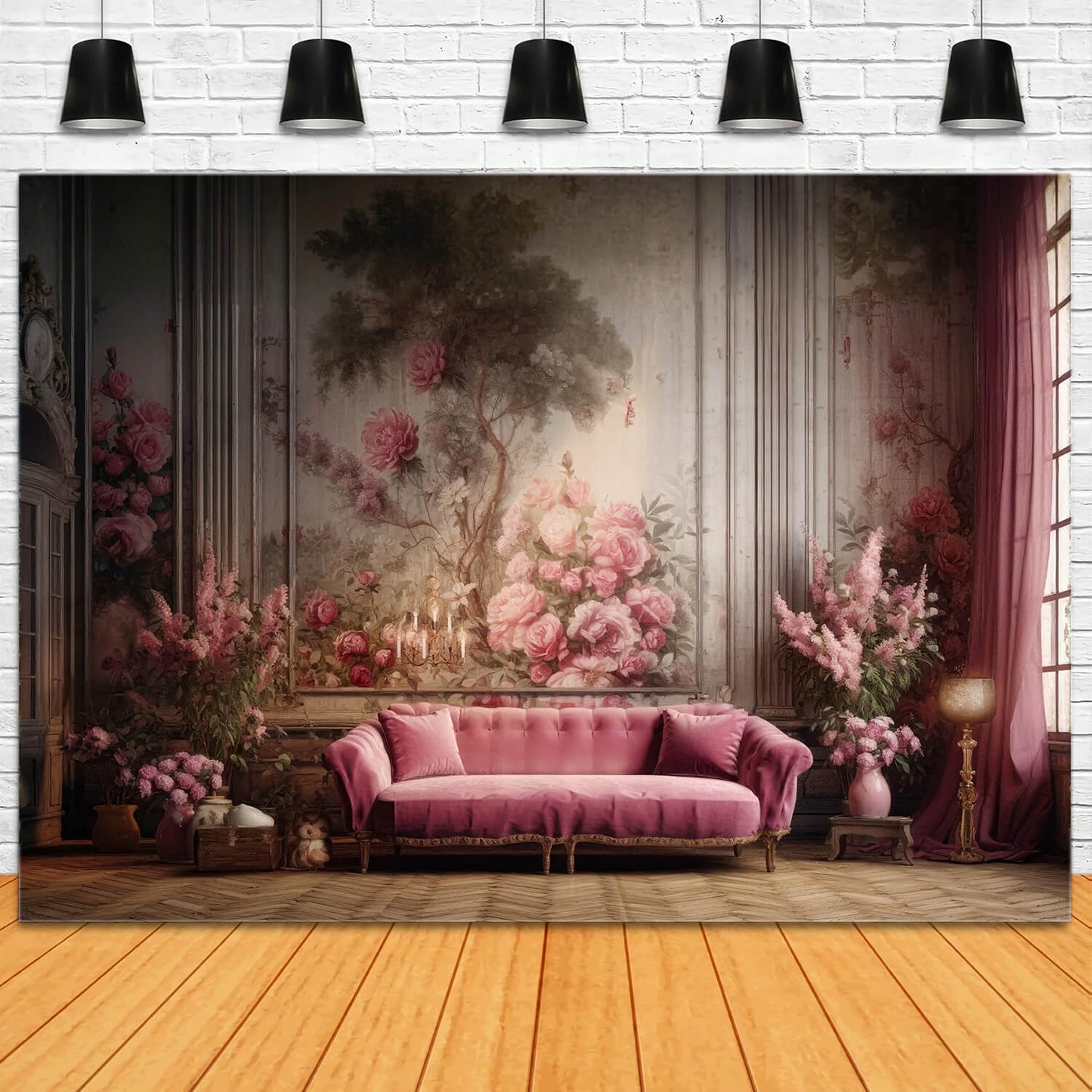 Pink Sofa Floral Retro Wall Living Room Backdrop RR6-62 – Dbackdrop