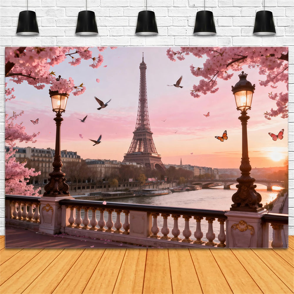 Paris Theme Backdrop Cherry Blossom River Twilight Eiffel Tower Backdr