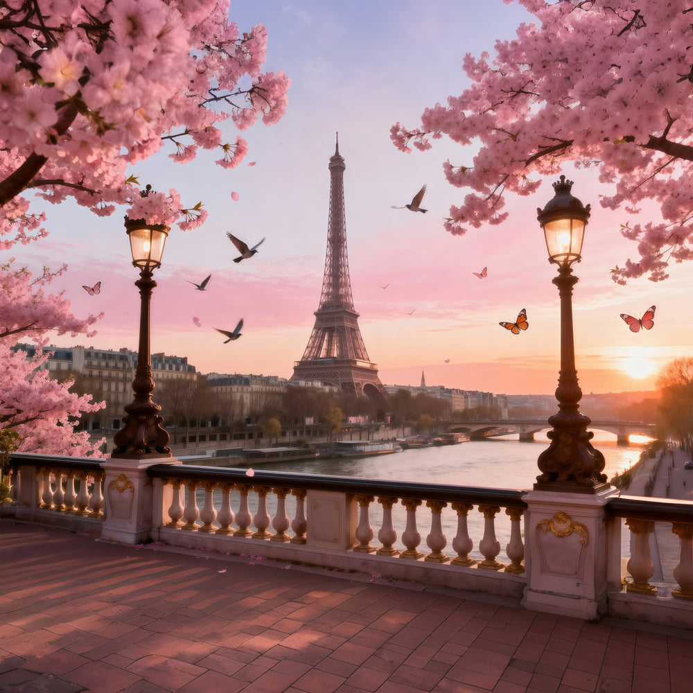 Paris Theme Backdrop Cherry Blossom River Twilight Eiffel Tower Backdr