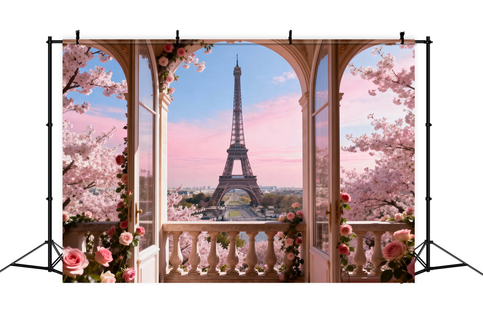 Eiffel Tower Photo Backdrop Blossom Balcony Pastel Morning Paris Backd