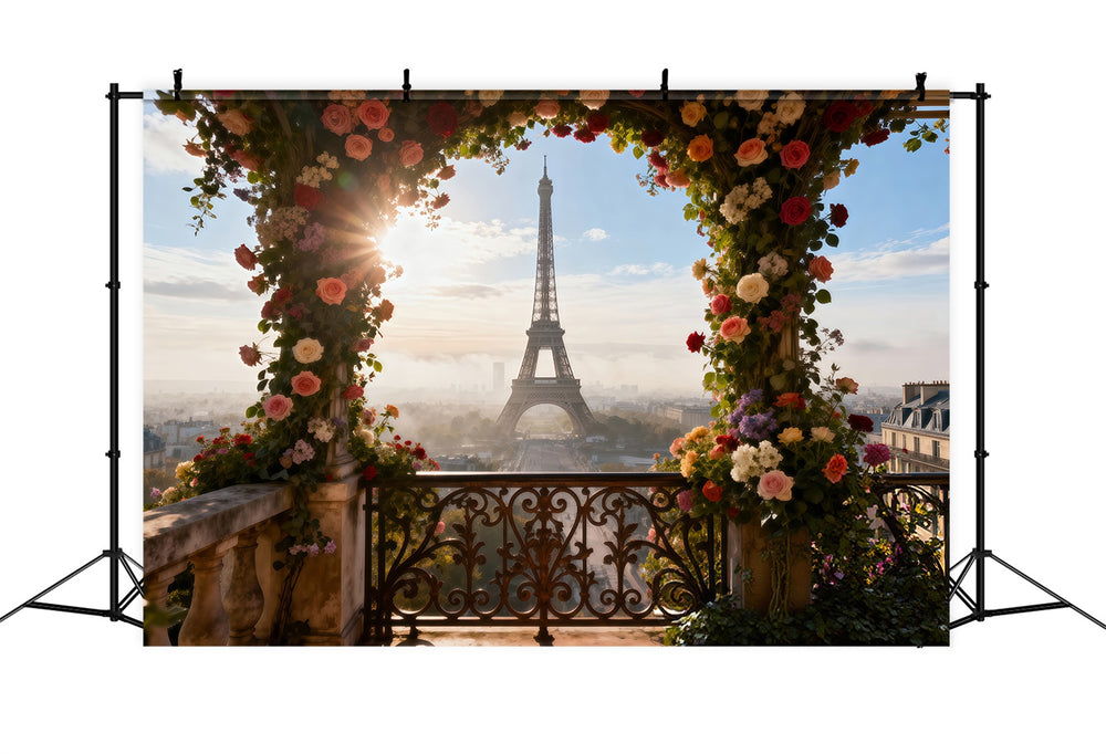 Eiffel Tower Backdrops Sunlit Floral Arch Terrace Paris Photo Booth Ba