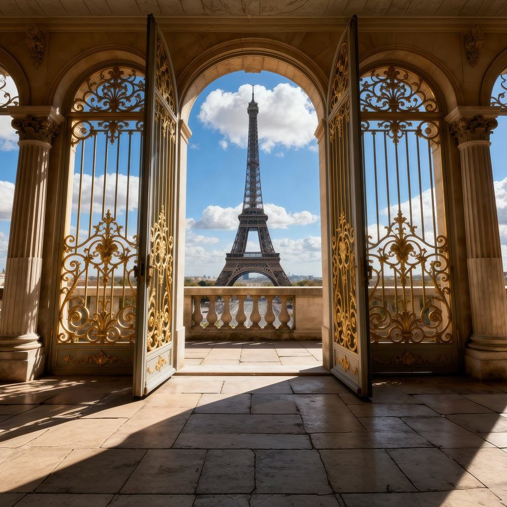 Paris Themed Backdrop Golden Palace Archway Balcony View Eiffel Tower