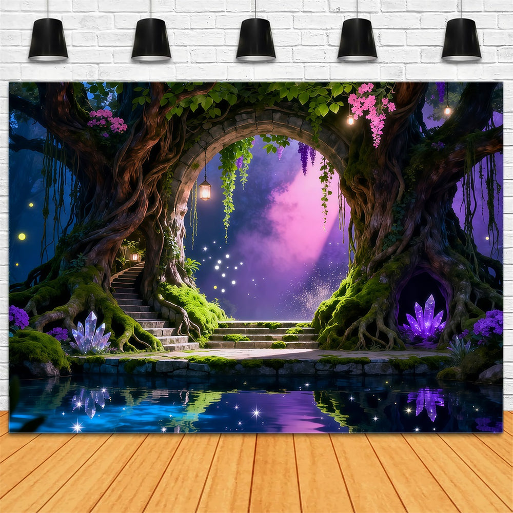 Forest Theme Backdrop Enchanted Tree Arch Crystal Reflection Pool Fore