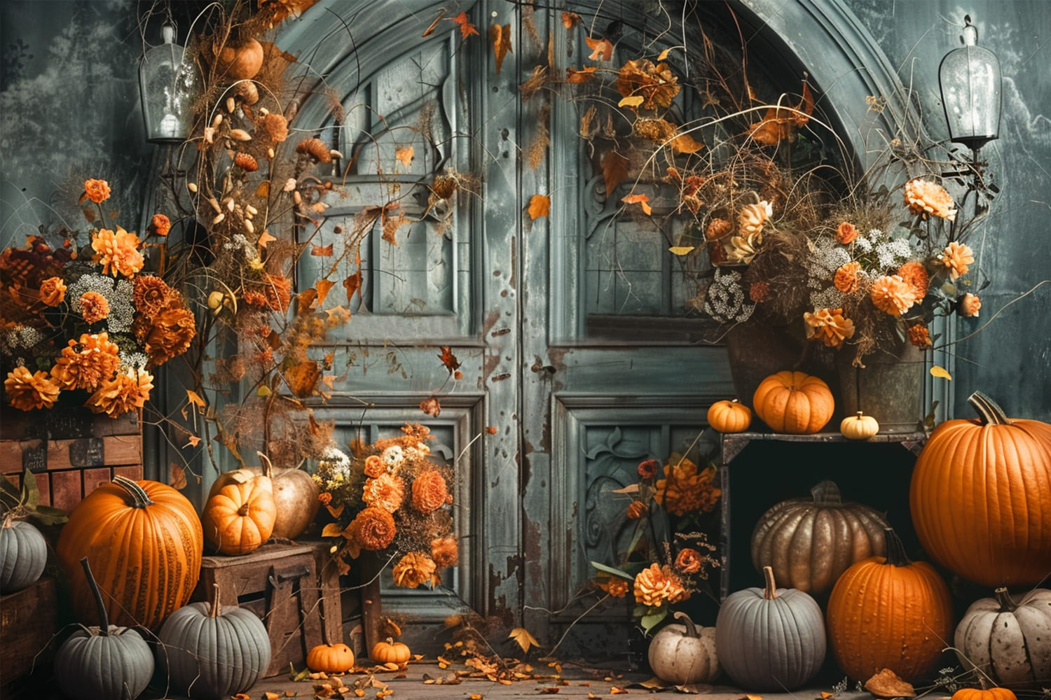 Fall Vintage Door Pumpkins Photography Backdrop RR7-149 – Dbackdrop
