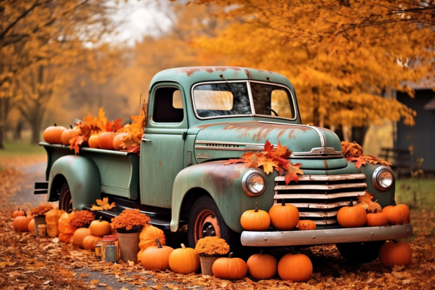 Fall Maple Trees Pumpkins Truck Backdrop RR7-160 – Dbackdrop