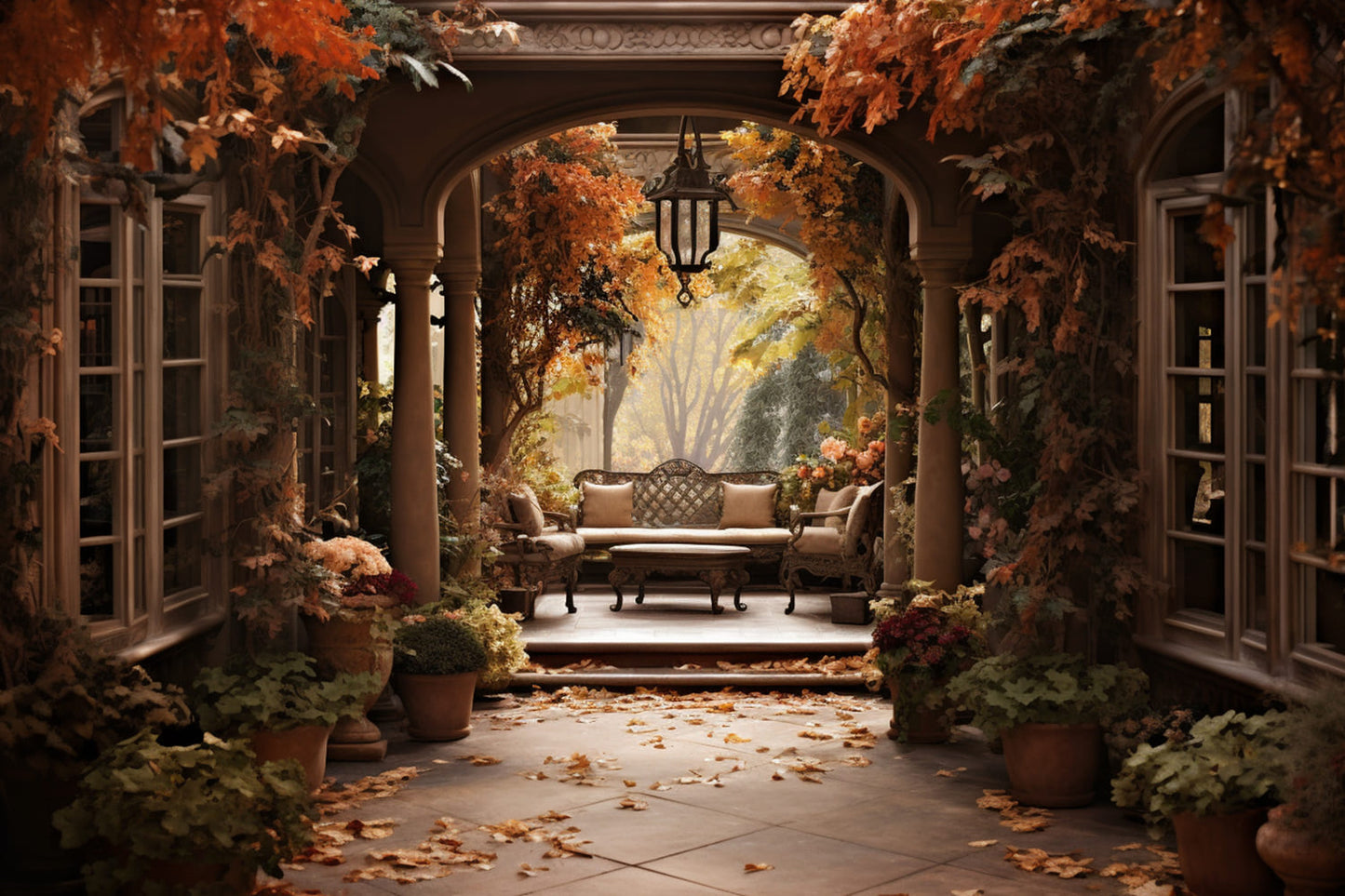 Courtyard Front Entry Fall Scenery Backdrop RR7-169 – Dbackdrop