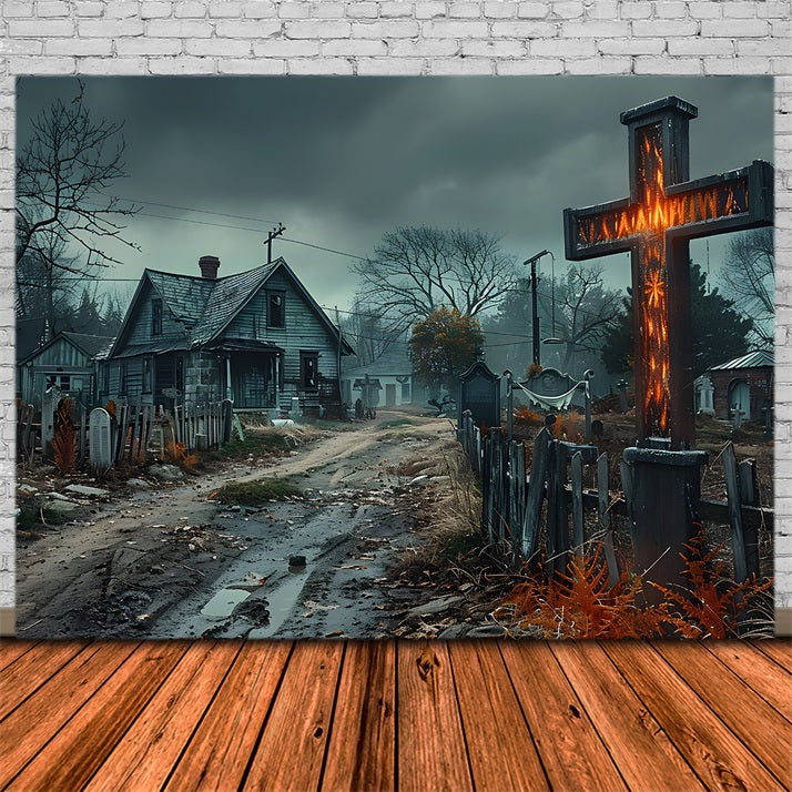Halloween Haunted Village Cross Cemetery Backdrop RR7-269 – Dbackdrop