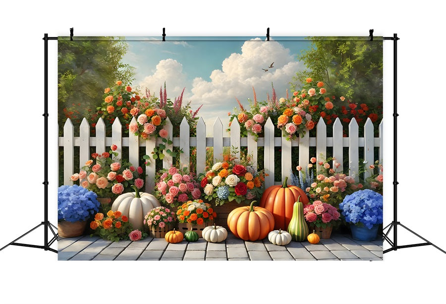 Fall Garden Flowers Pumpkins Fence Backdrop RR7-278 – Dbackdrop