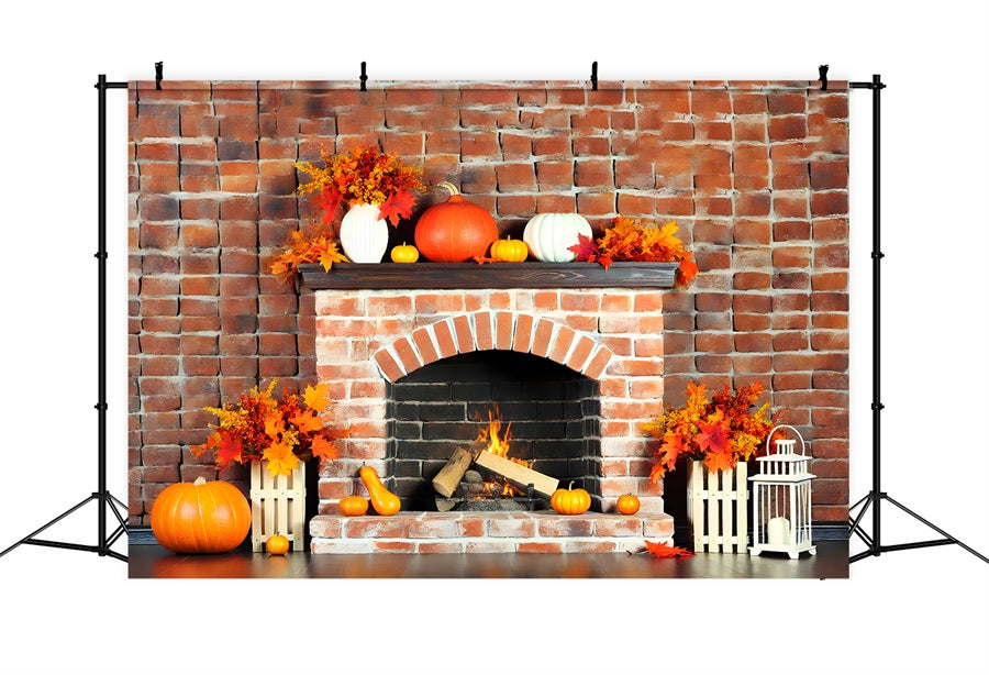 Autumn Fireplace Pumpkins Leaves Brick Backdrop RR7-304 – Dbackdrop