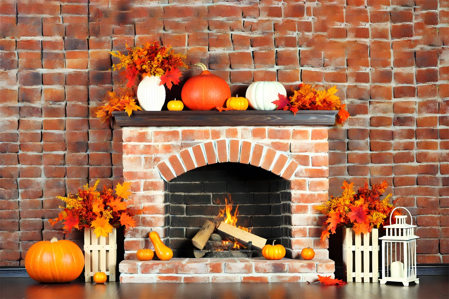 Autumn Fireplace Pumpkins Leaves Brick Backdrop RR7-304 – Dbackdrop