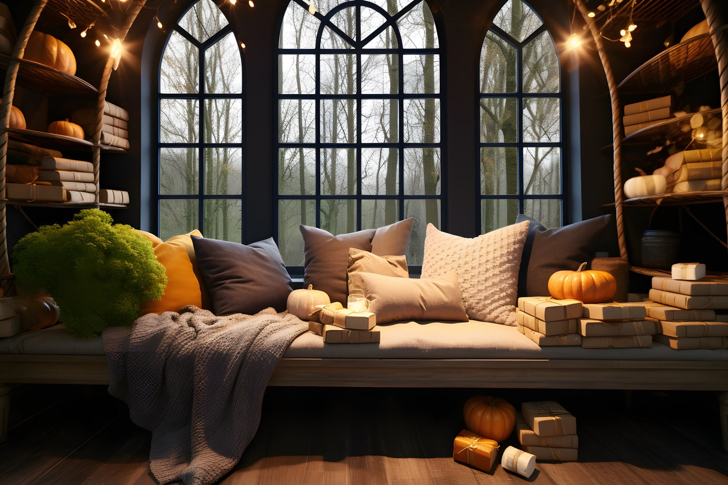 Cozy Fall Window Nook Pumpkins Pillows Backdrop RR7-312 – Dbackdrop