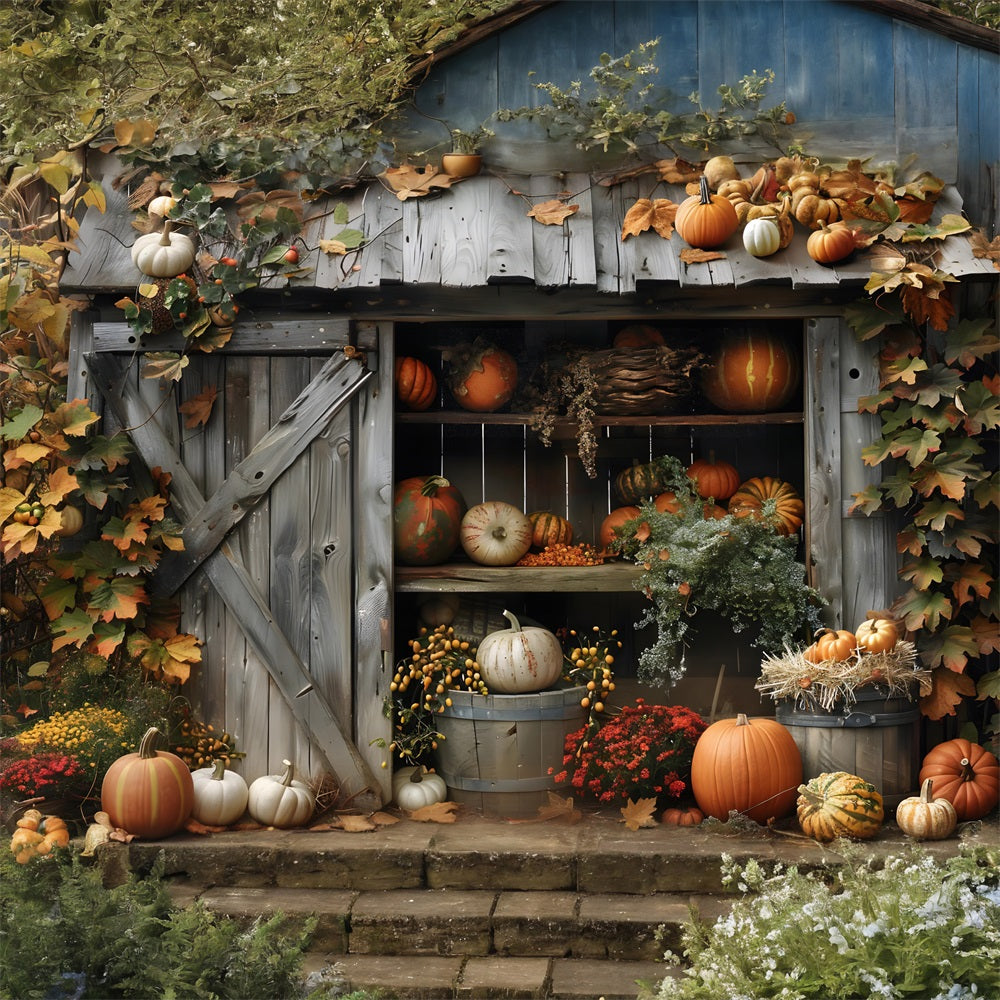Rustic Autumn Shed Pumpkins Backdrop RR7-327 – Dbackdrop