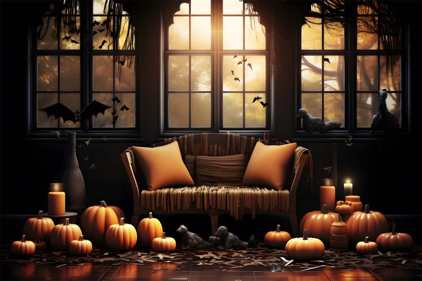 Halloween Cozy Pumpkin Decor with Window Backdrop RR7-336 – Dbackdrop