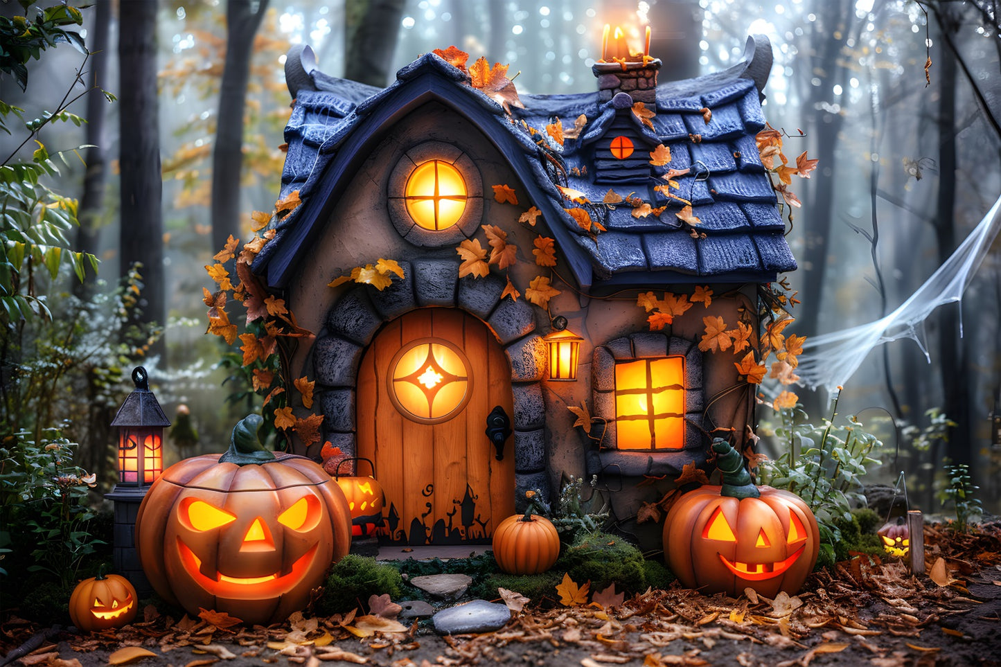 Halloween Cottage Pumpkin Lanterns Backdrop RR7-340 – Dbackdrop