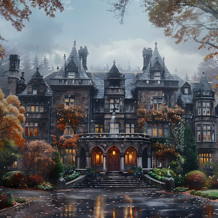 Halloween Gothic Mansion with Autumn Foliage Backdrop RR7-344 – Dbackdrop