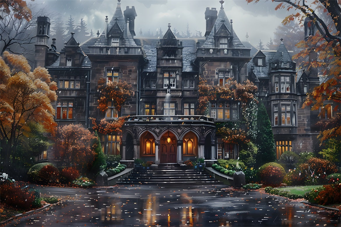 Halloween Gothic Mansion with Autumn Foliage Backdrop RR7-344 – Dbackdrop