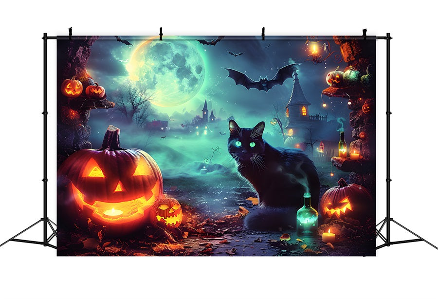 Halloween Moonlit Village Glowing Cat Backdrop RR7-361 – Dbackdrop