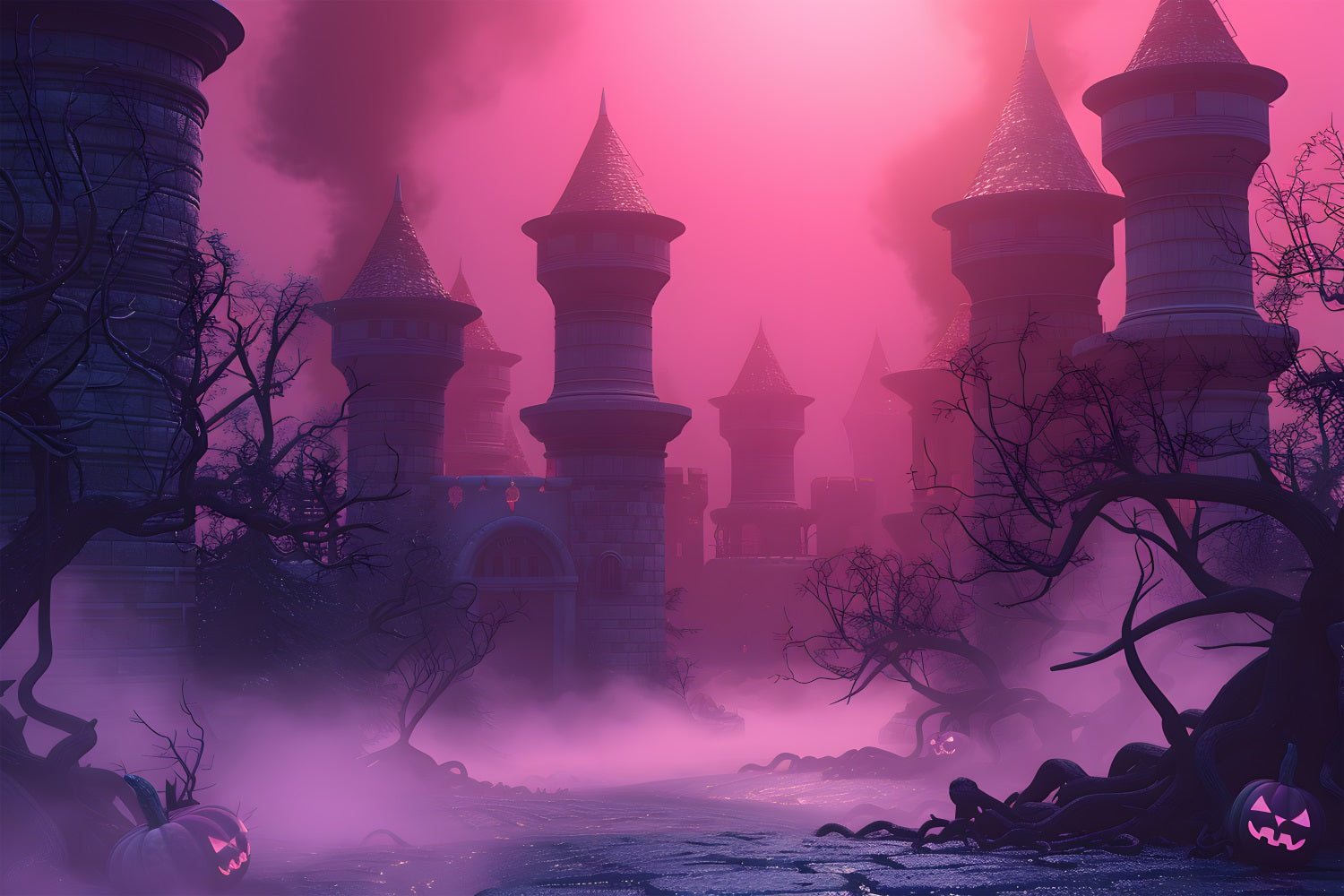 Halloween Haunted Castle Pink Mist Backdrop RR7-377 – Dbackdrop