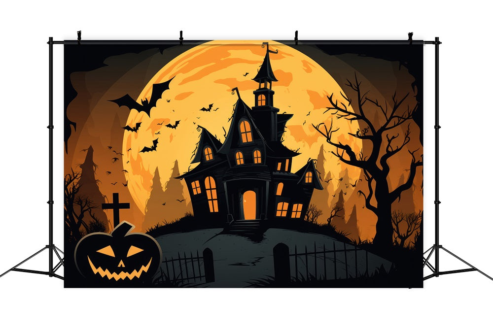 Halloween Ghost House Full Moon Bats Backdrop RR7-385 – Dbackdrop