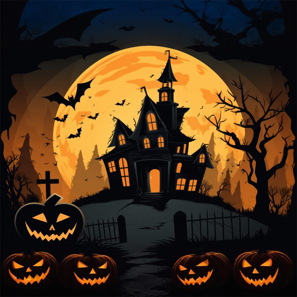 Halloween Ghost House Full Moon Bats Backdrop RR7-385 – Dbackdrop