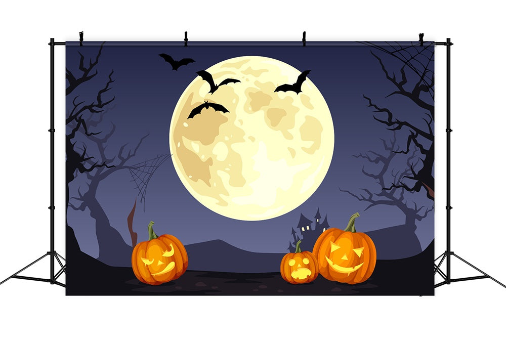 Halloween Full Moon Bats Pumpkins Backdrop RR7-388 – Dbackdrop