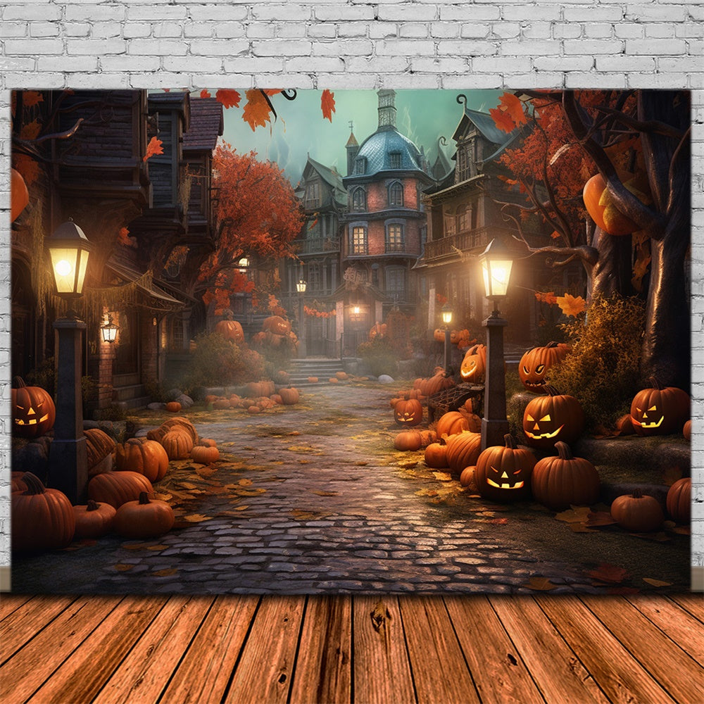 Halloween Night Street House Pumpkins Backdrop RR7-405 – Dbackdrop