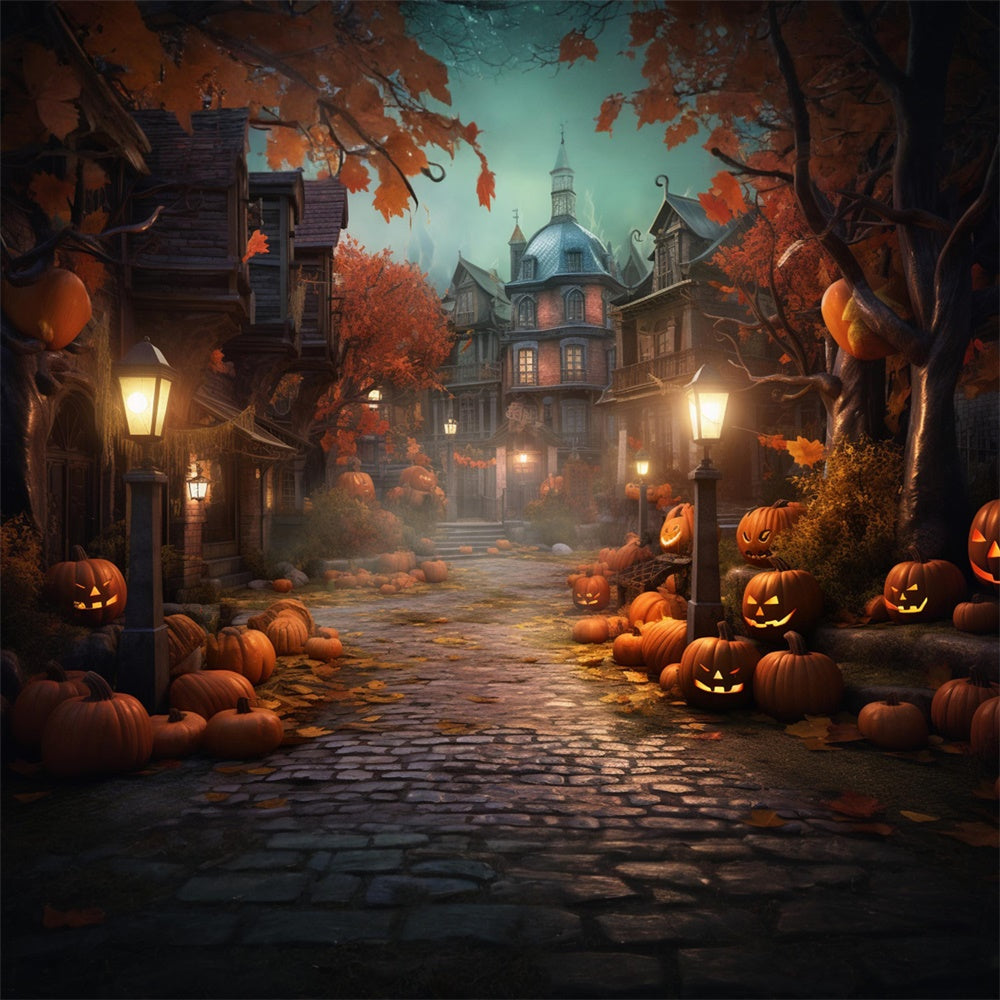 Halloween Night Street House Pumpkins Backdrop RR7-405 – Dbackdrop