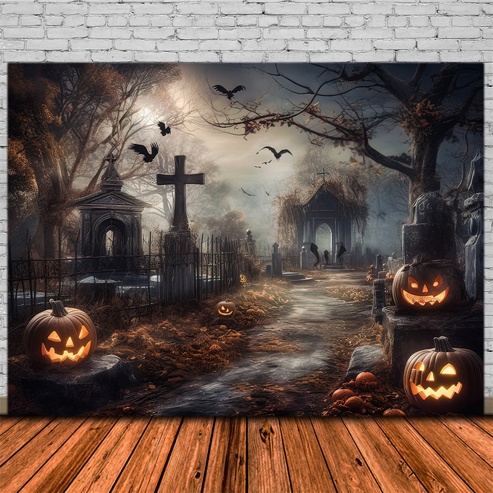 Halloween Horror Graveyard Pumpkins Backdrop RR7-418 – Dbackdrop