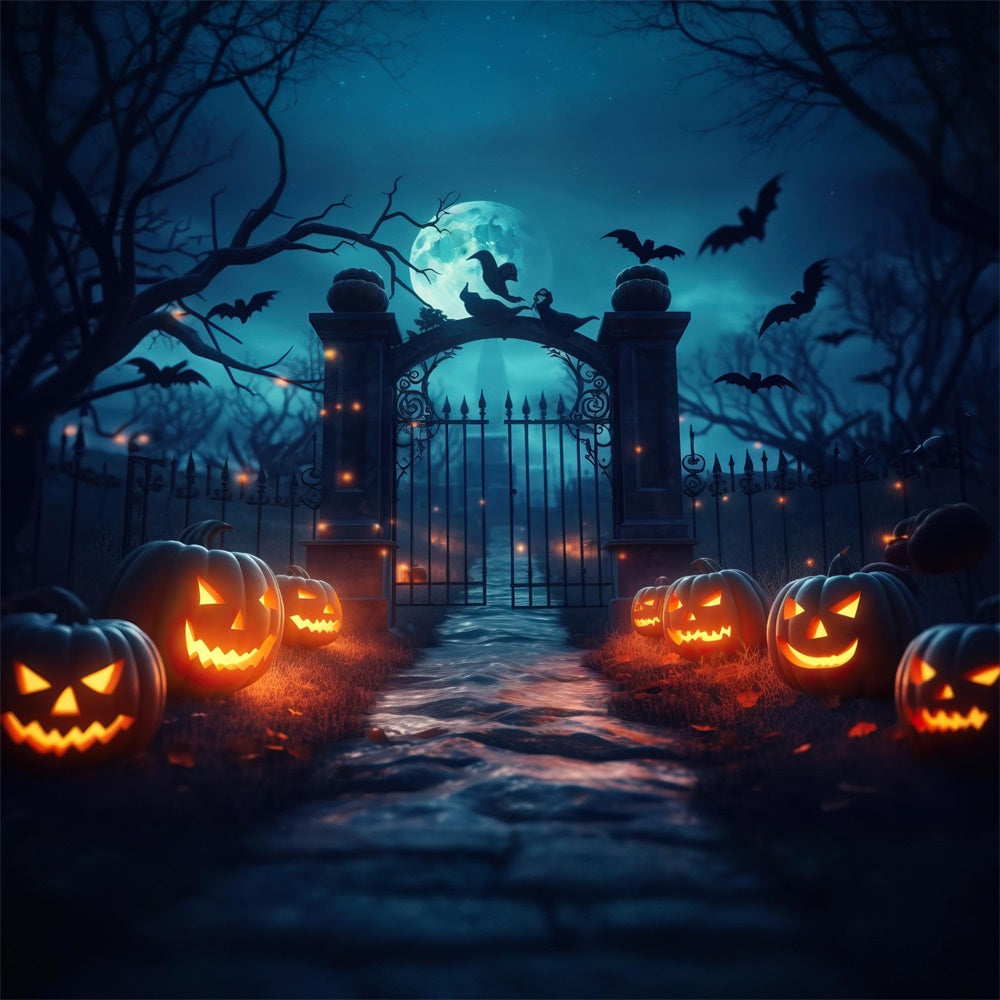 Spooky Cemetery Gate Pumpkin Halloween Backdrop RR7-426 – Dbackdrop