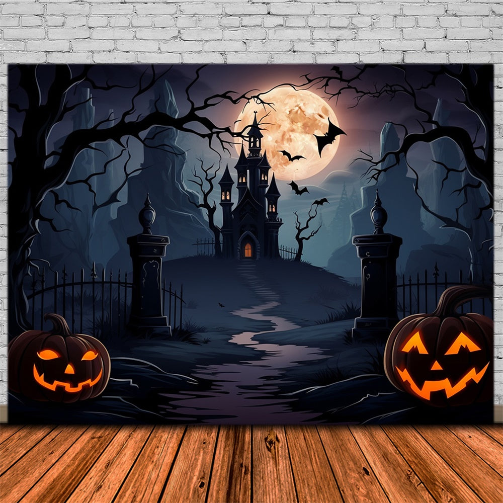 Spooky Castle Full Moon Bats Halloween Backdrop RR7-438 – Dbackdrop