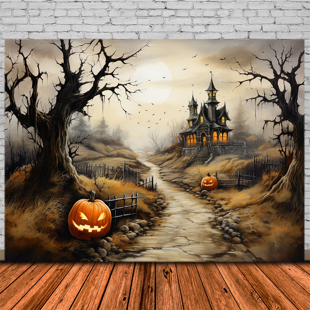 Halloween Scary Castle Path Pumpkin Backdrop RR7-460 – Dbackdrop