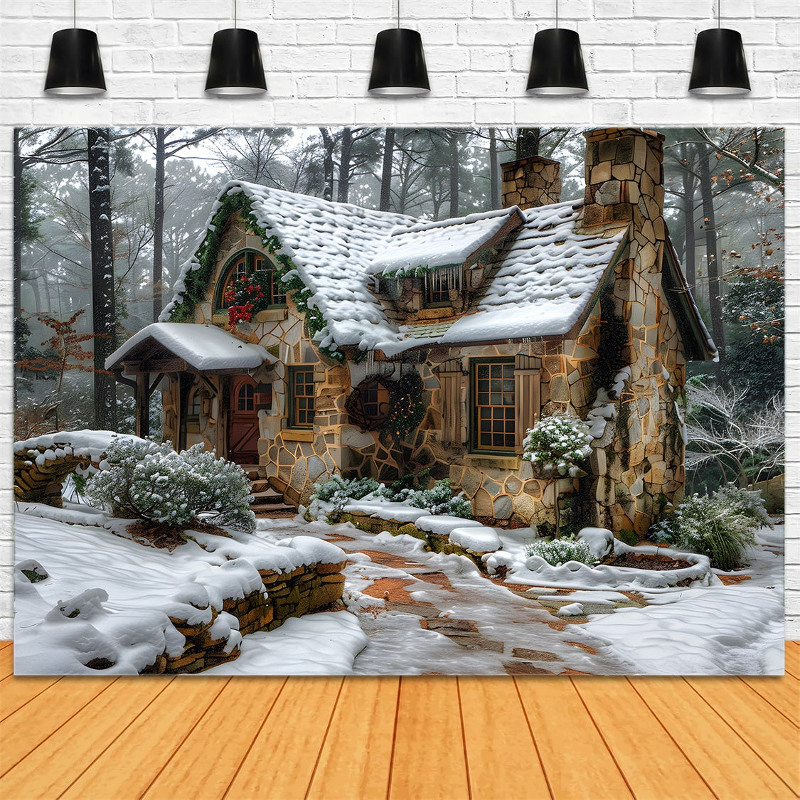 Christmas Rustic Stone Cottage Backdrop RR7-573 – Dbackdrop