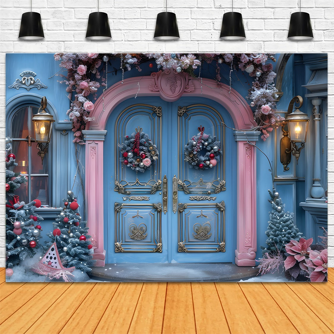 Christmas Blue Pink Festive Entrance Backdrop RR7-603 – Dbackdrop