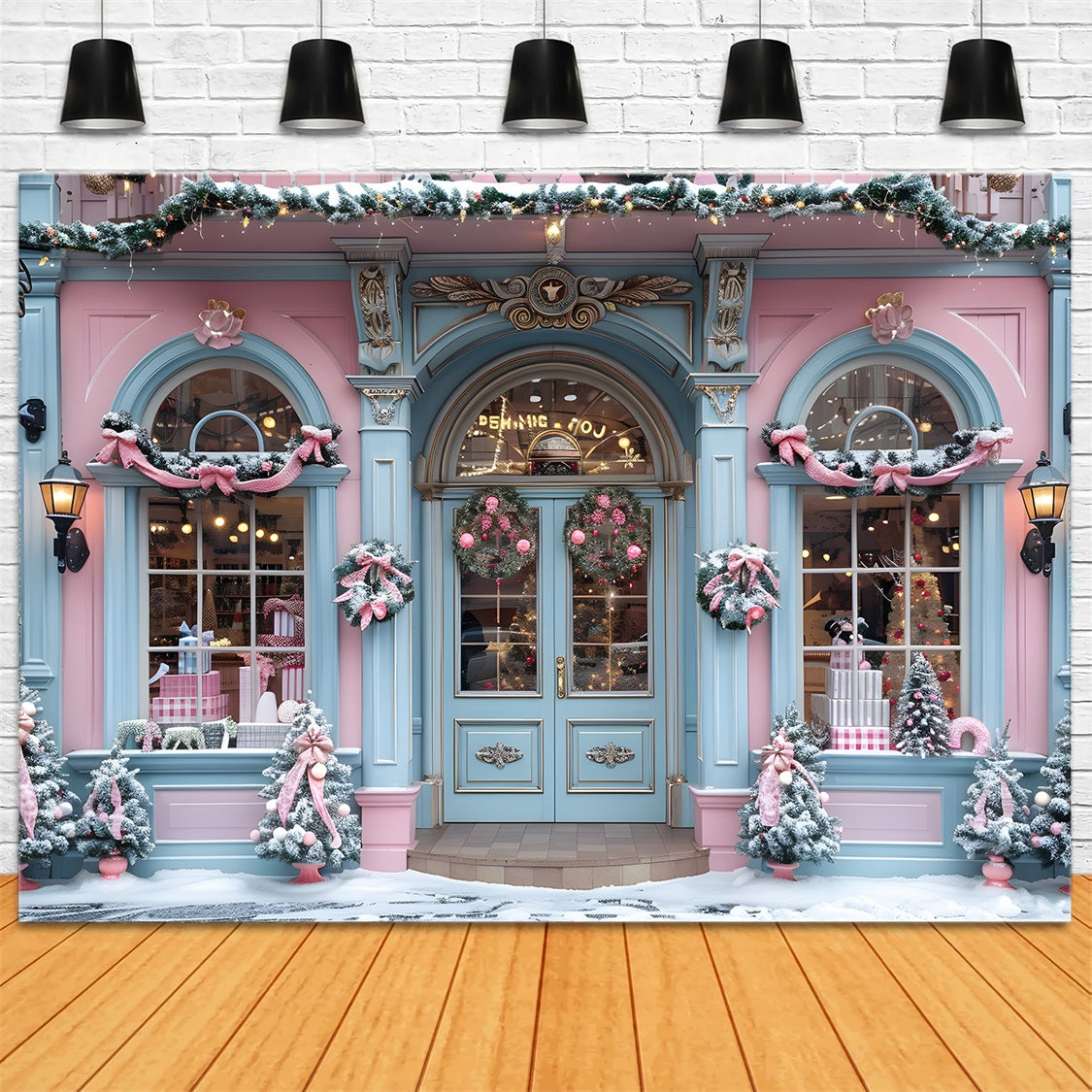 Christmas Pink Blue Festive Storefront Backdrop RR7-604 – Dbackdrop