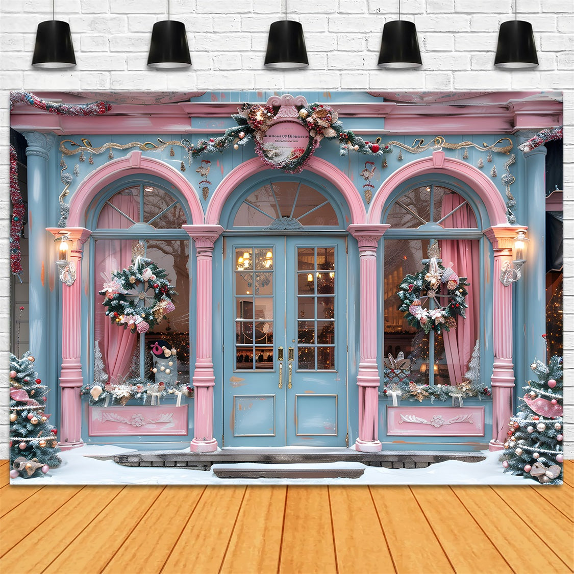 Christmas Pink Blue Boutique Storefront Backdrop RR7-605 – Dbackdrop