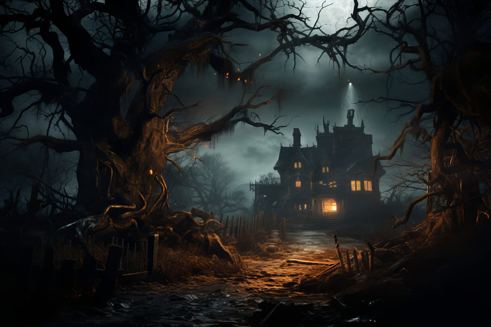 Halloween Scary House Withered Tree Backdrop RR7-60 – Dbackdrop